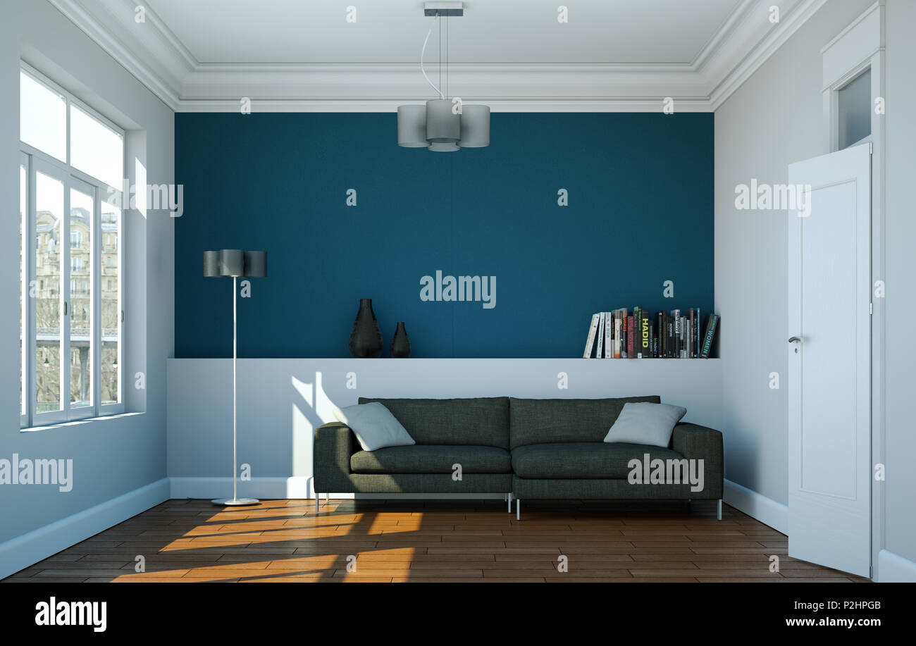 Modern bright room interior design with sofa and blue wall 3d ...