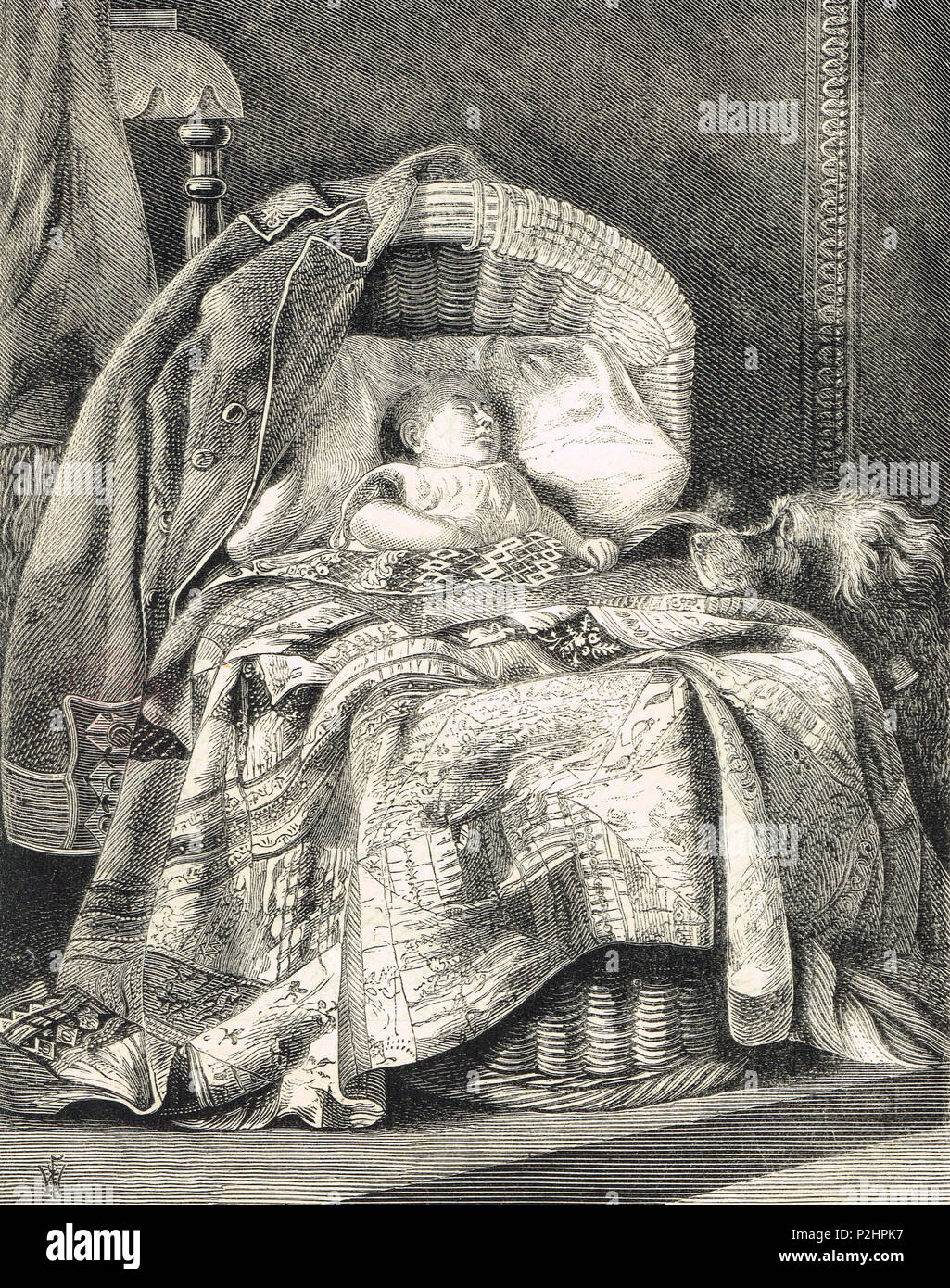 A faithful dog watching over a baby, 19th Century illustration of 1873 ...