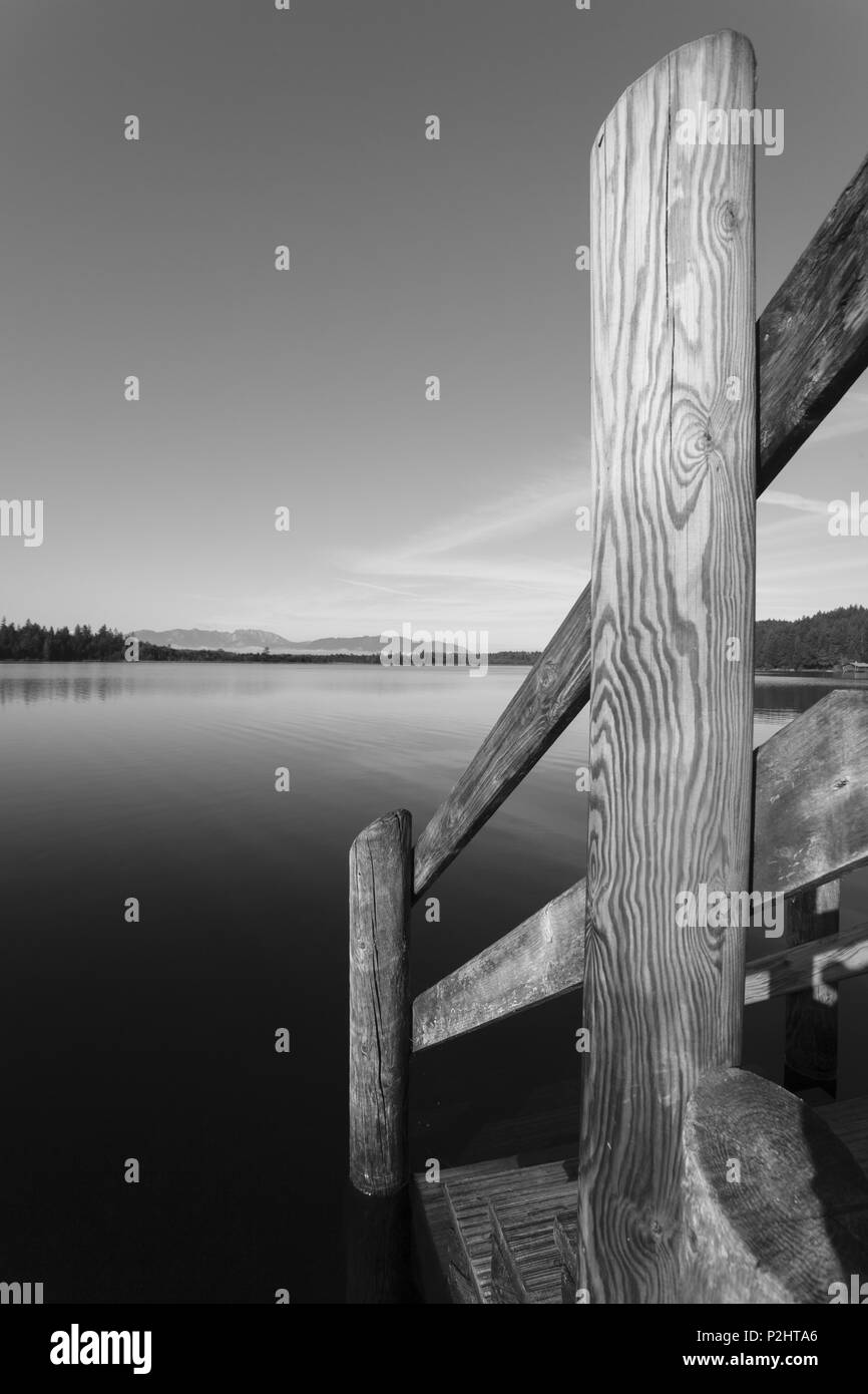 Wooden pier, bathing pier at lake Kirchsee near Sachsenkamm, moorland ...