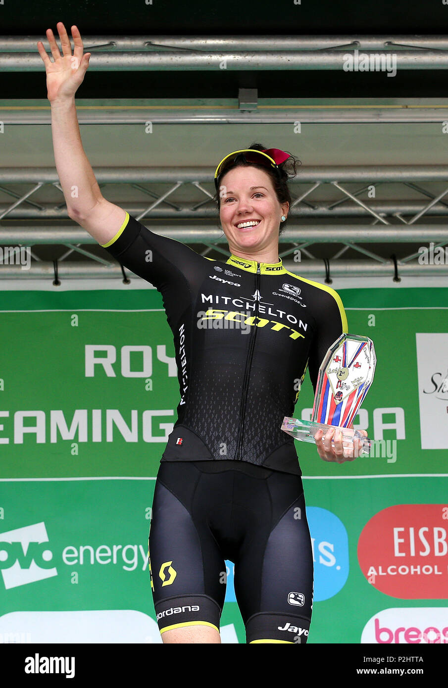 Mitchelton Scott's Sarah Roy celebrates on the podium after winning ...