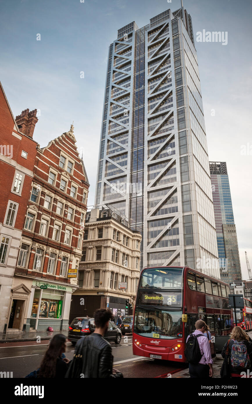 modern and classic architecture with typical red bus, Liverpool Street ...
