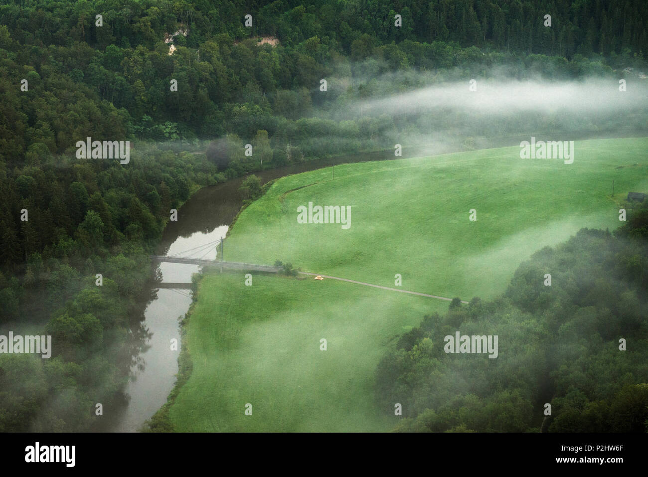 view of the river Danube in morning fog from castle Wildenstein, Upper ...