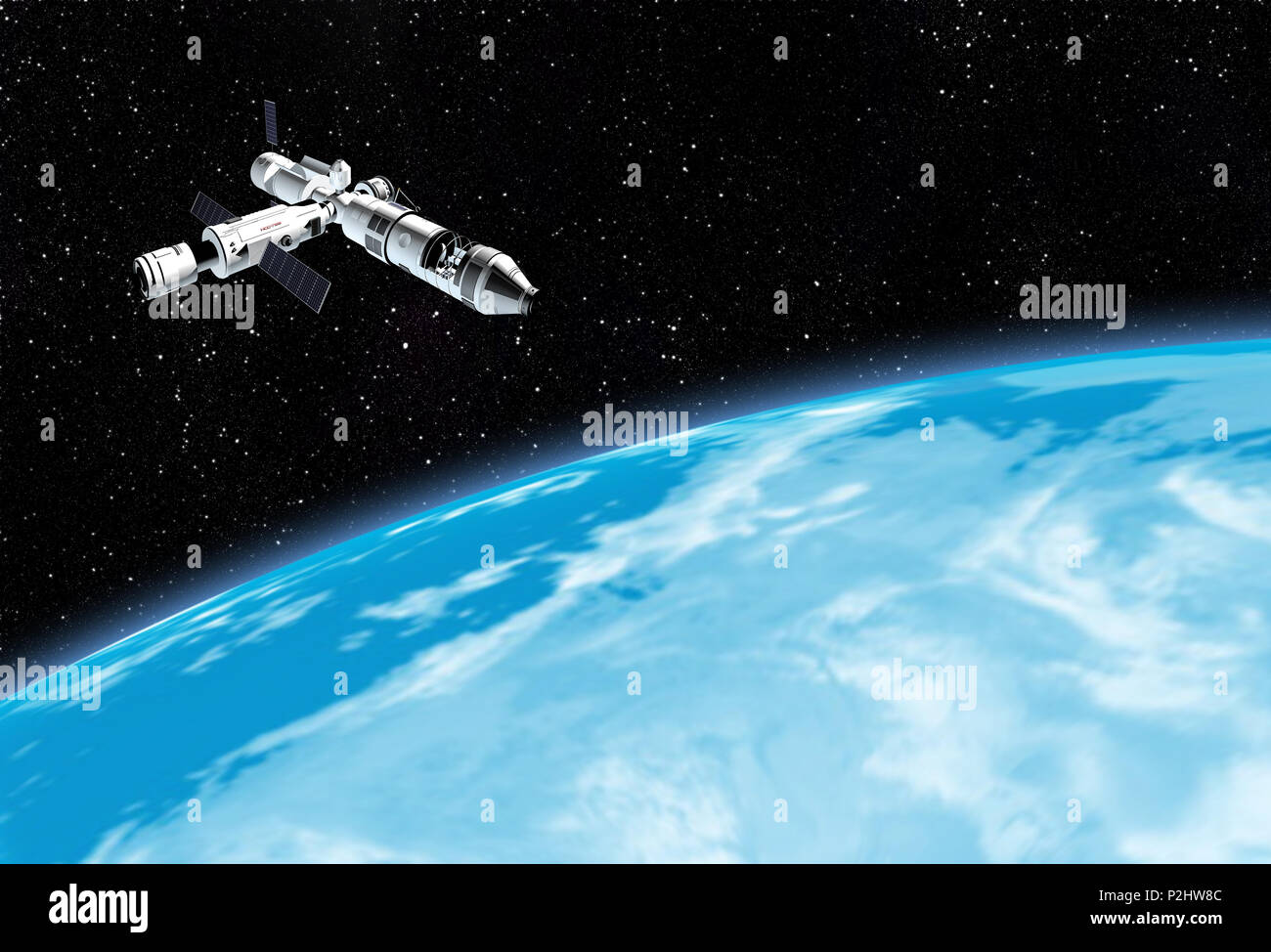 Interstellar spaceship flying near blue planet in outer space with ...