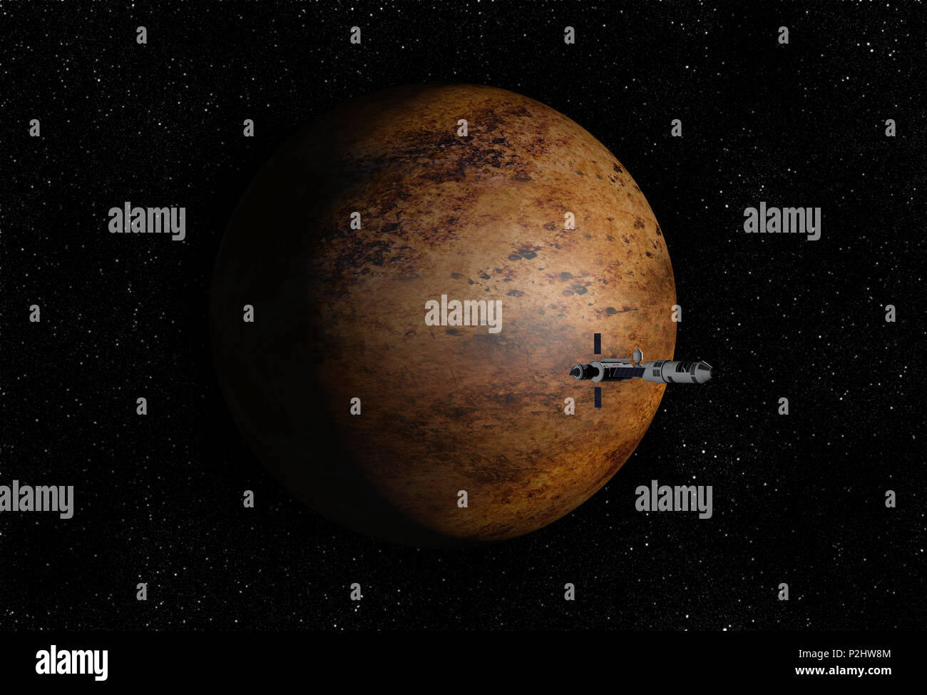 Interstellar spaceship flying near unknown brown planet in outer space ...