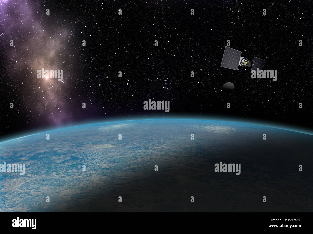 Satellite flying over blue planet Stock Photo - Alamy