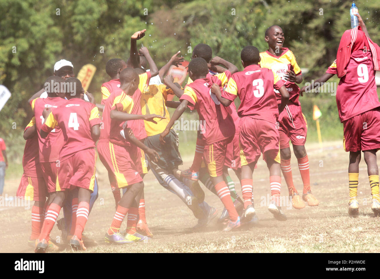 Children jubilating after a sweet victory in a football match in Moroto ...