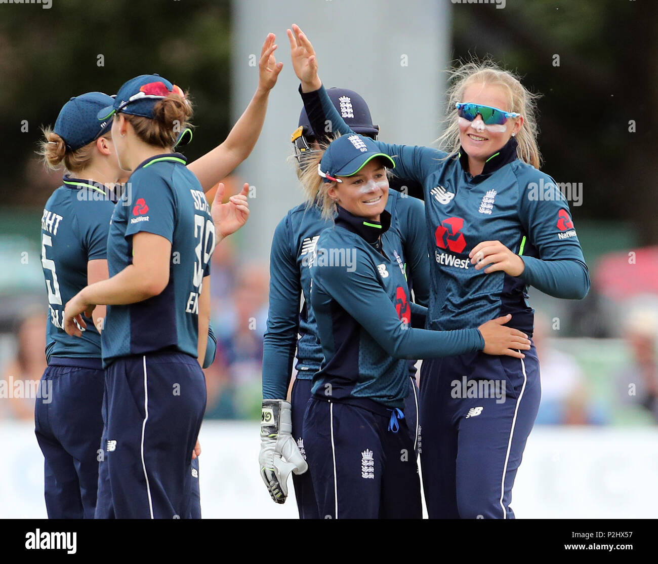 England's Sophie Ecclestone (right) celebrates after taking the wicket ...