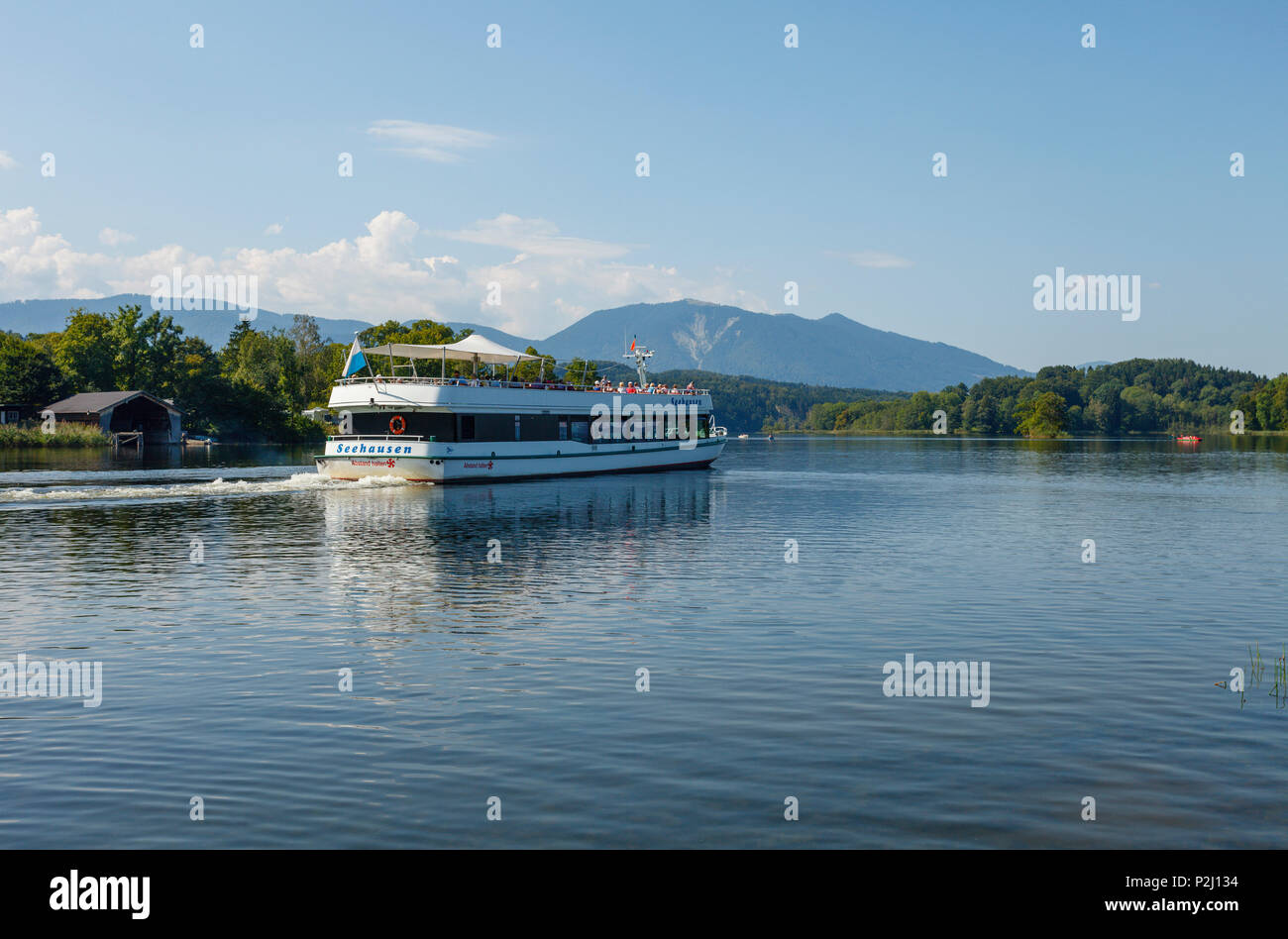 Boat on lake Staffelsee, Woerth island, Seehausen am Staffelsee, near ...