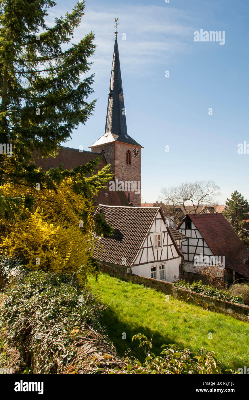 Church and timber framed houses, Laudenbach, Bergstrasse, Baden ...