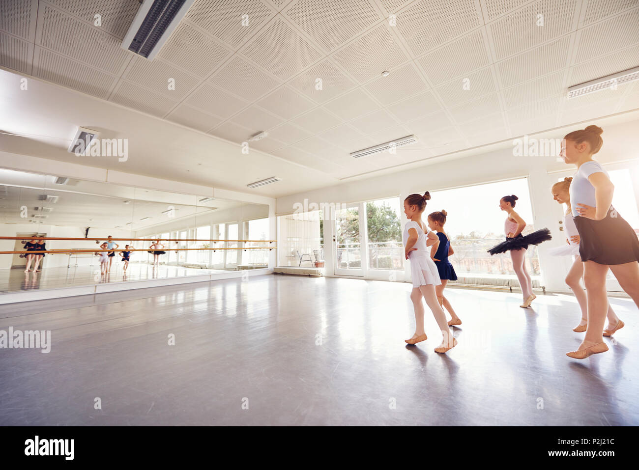 Group of adorable little ballet dance children performers exercising ...