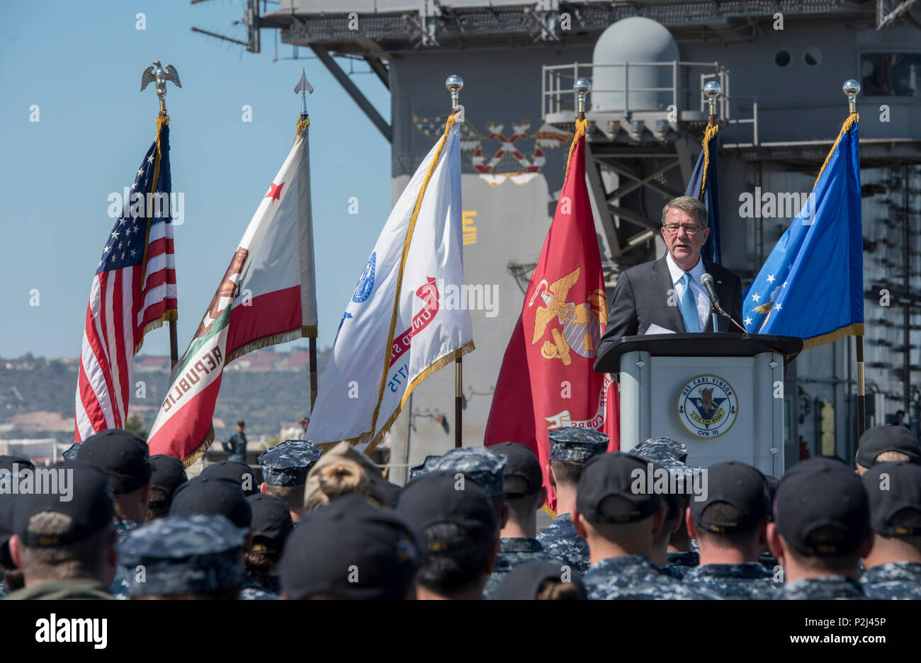 Secretary of Defense Ash Carter speaks with Sailors aboard the USS Carl ...