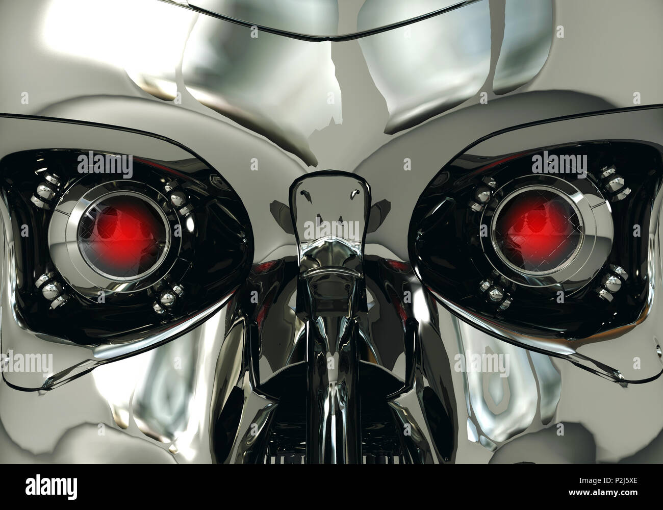 Red robotic eyeballs and robot skull in metallic surface, cybernetic ...