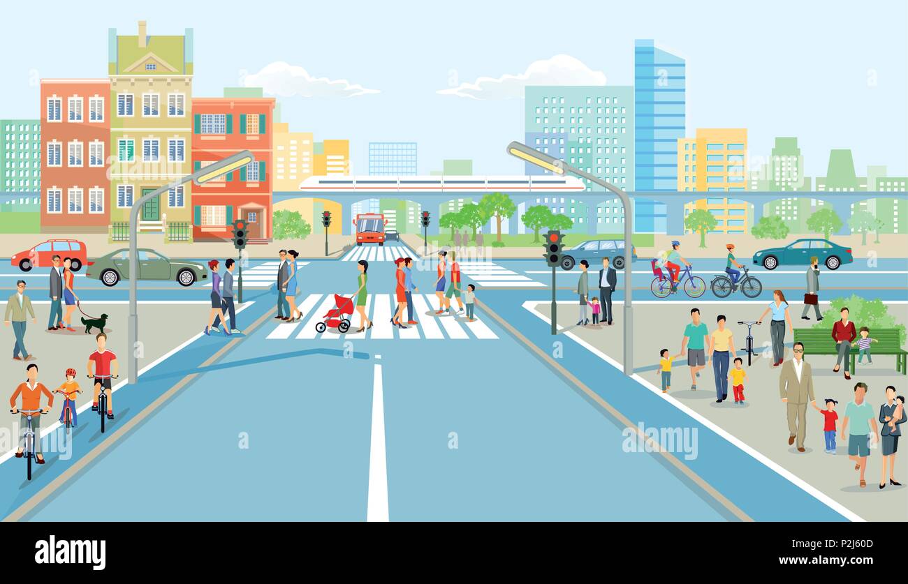 Road junction with pedestrian and car traffic, illustration Stock ...