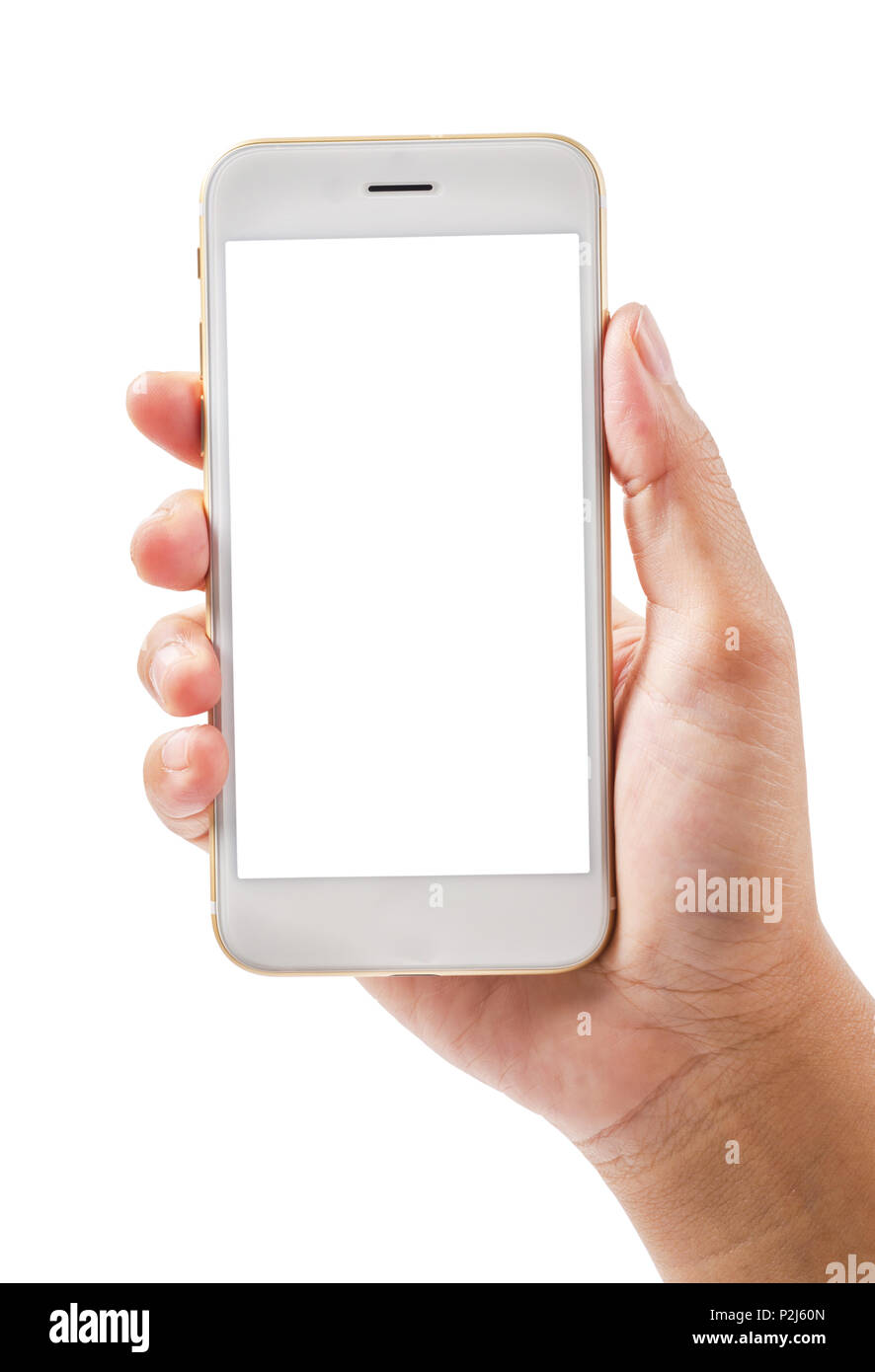 Close up hand showing touch screen mobile phone isolated on white ...