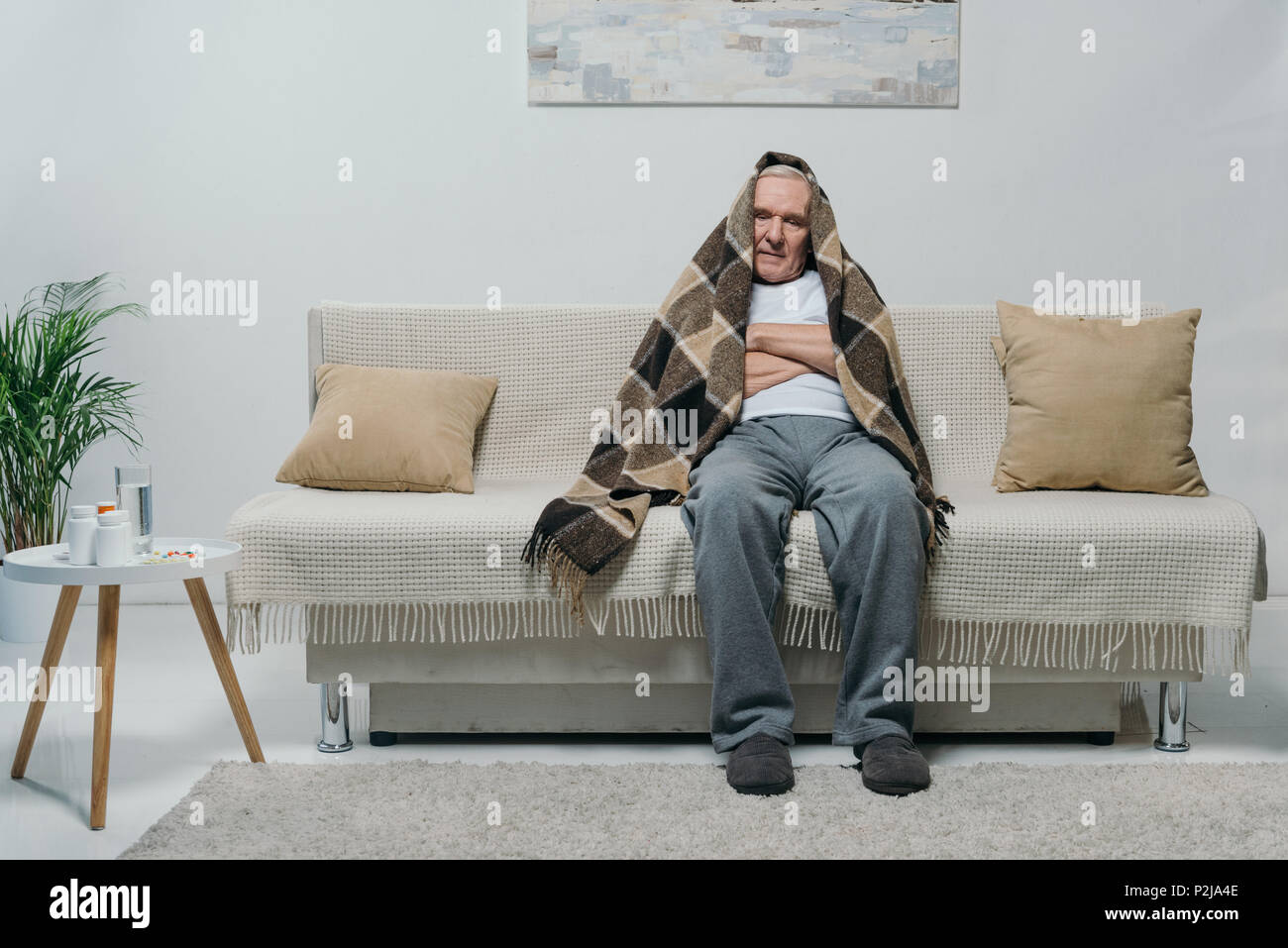 Senior chilled man covered in plaid sitting on sofa Stock Photo - Alamy