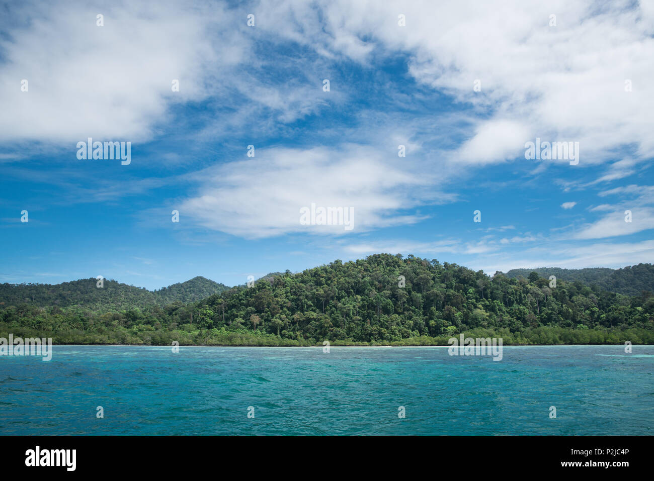 Sea island front view seascape sunny with tree around blue sky Stock ...