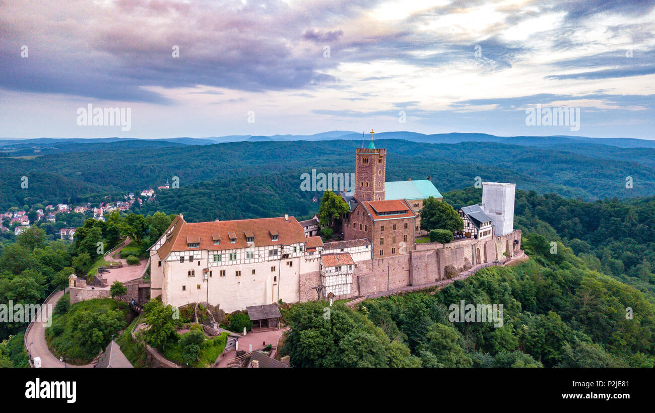 drone aerial view of the Wartburg Thuringia Eisenach Germany UNESCO ...