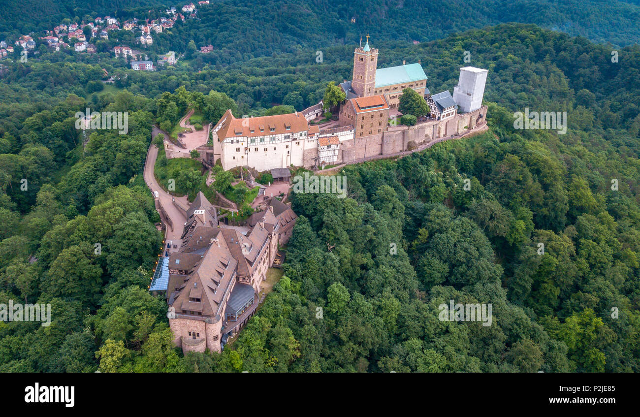 drone aerial view of the Wartburg Thuringia Eisenach Germany UNESCO ...