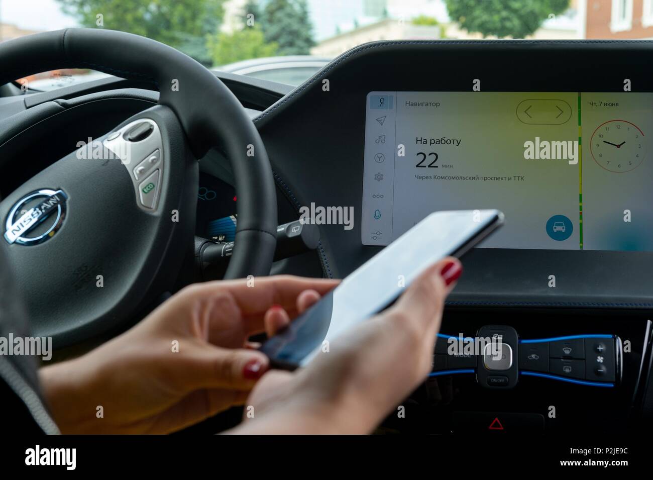 June 7, 2018. - Russia, Moscow. - Dashboard of Nissan Leaf car with ...
