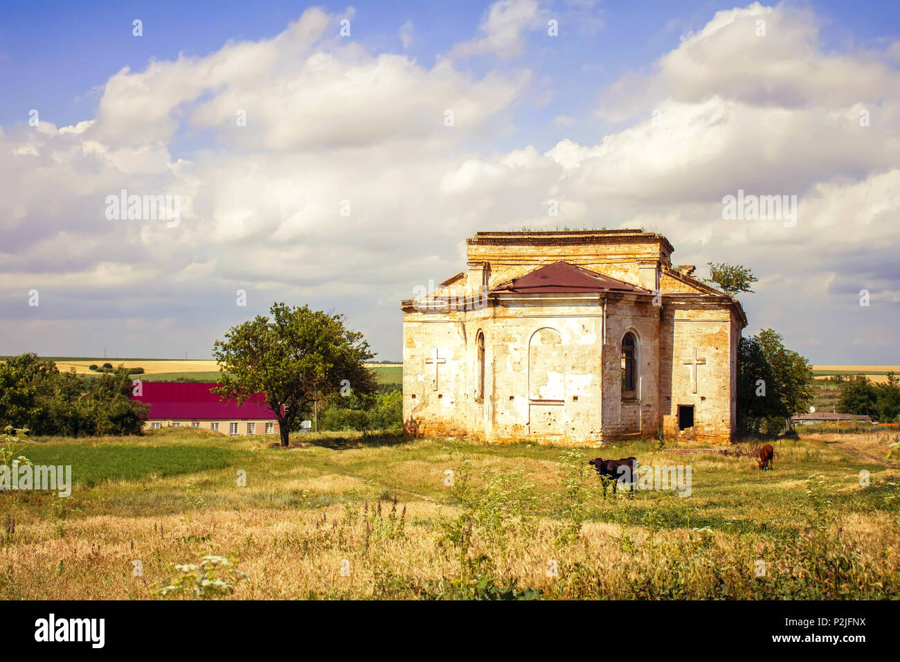 ruins of the German kirkh in the village of Kamenka, Odessa region ...