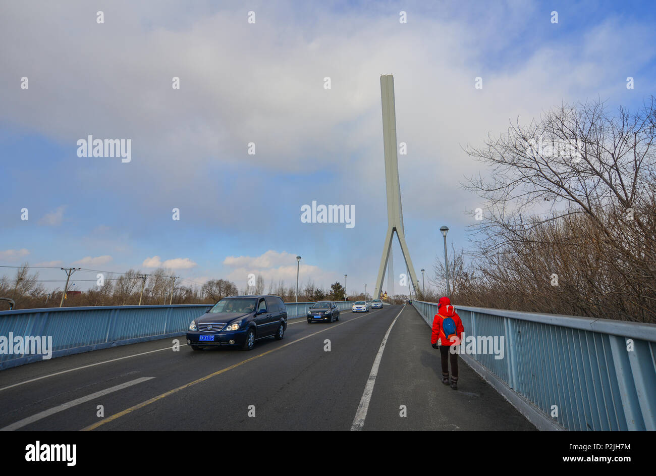 Harbin, China - Feb 22, 2018. View of cable bridge in Harbin, China ...