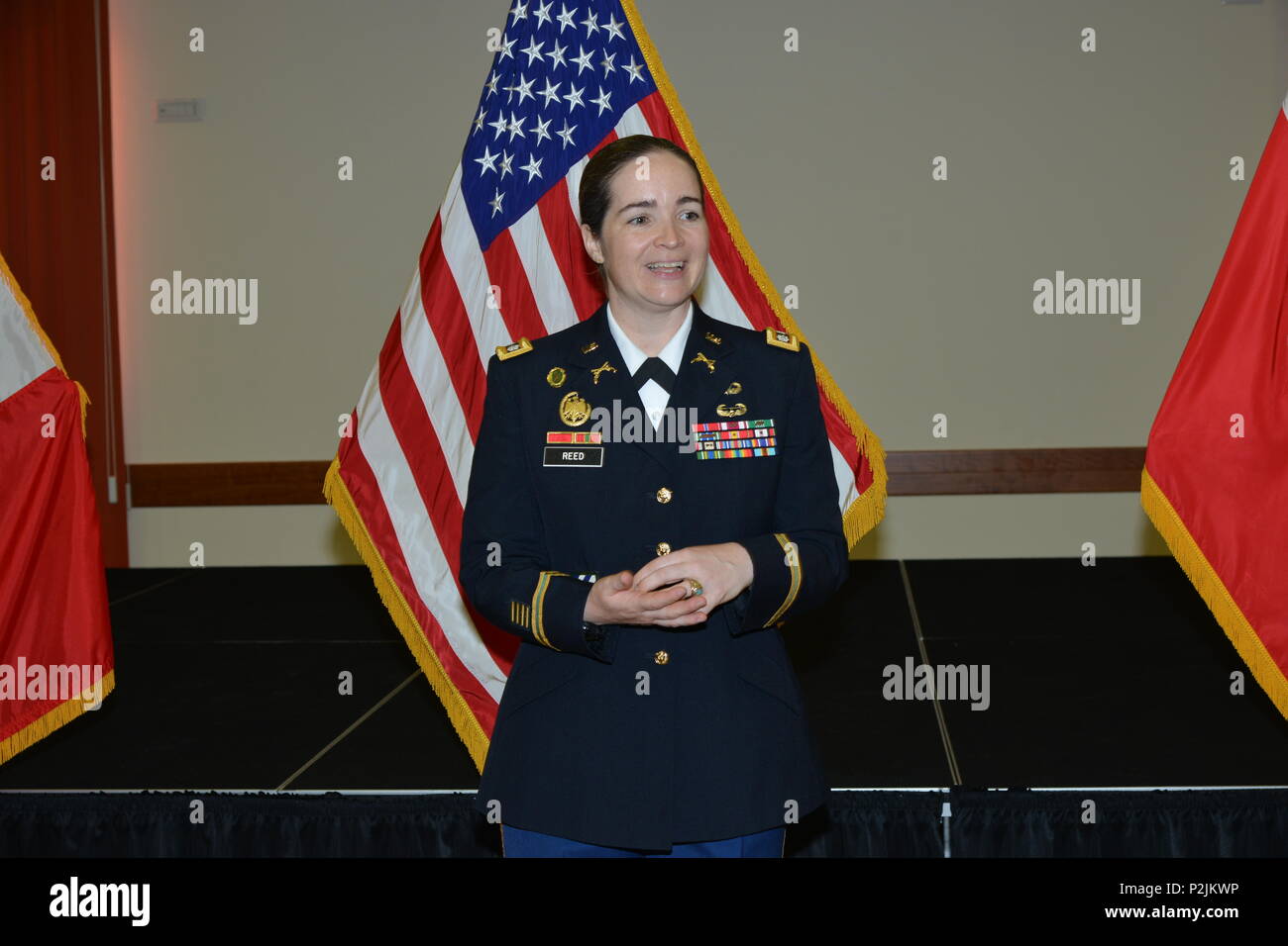 Lt. Col. Jennifer D. Reed speaks during her promotion ceremony at the ...