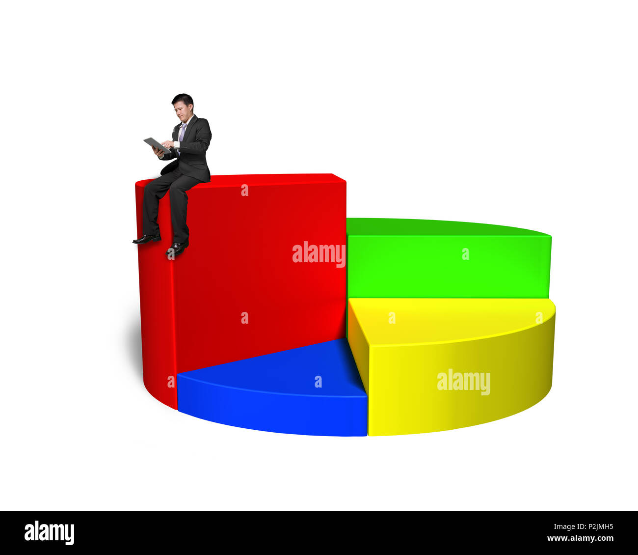 Using tablet and sitting on top of 3d pie chart in white background ...
