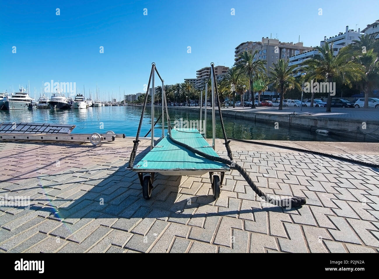 Turquoise board bridge rope and no boat, marine detail in Palma marina ...