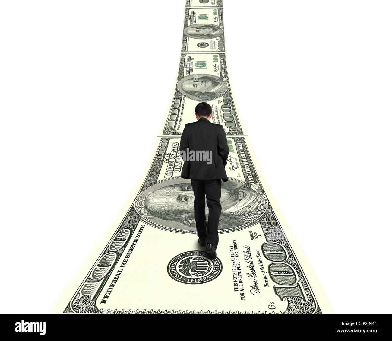 Businessman walking on growing money way isolated in white background ...
