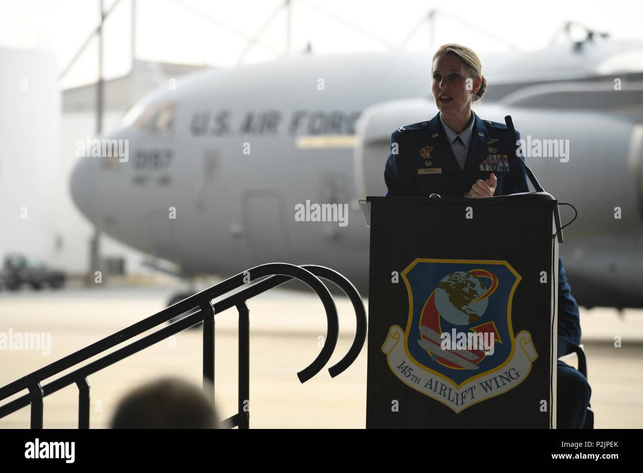 U.S. Air Force Col. Bryony Terrell, commander of the 145th Airlift Wing ...