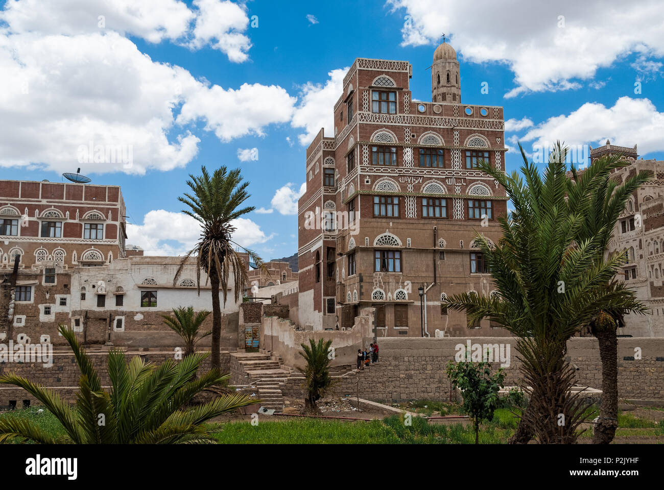Multi-storey traditional buildings made of stone in Sanaa, Yemen Stock ...