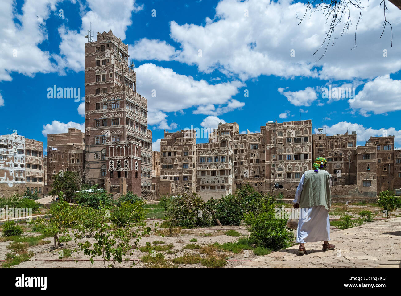 Multi-storey traditional buildings made of stone in Sanaa, Yemen Stock ...