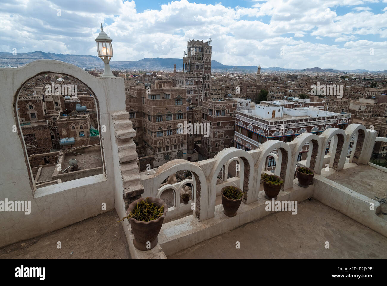 Multi-storey traditional buildings made of stone in Sanaa, Yemen Stock ...
