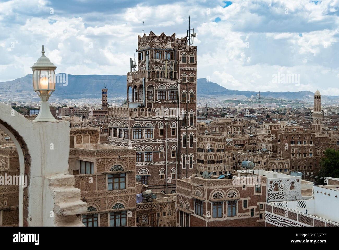 Multi-storey traditional buildings made of stone in Sanaa, Yemen Stock ...