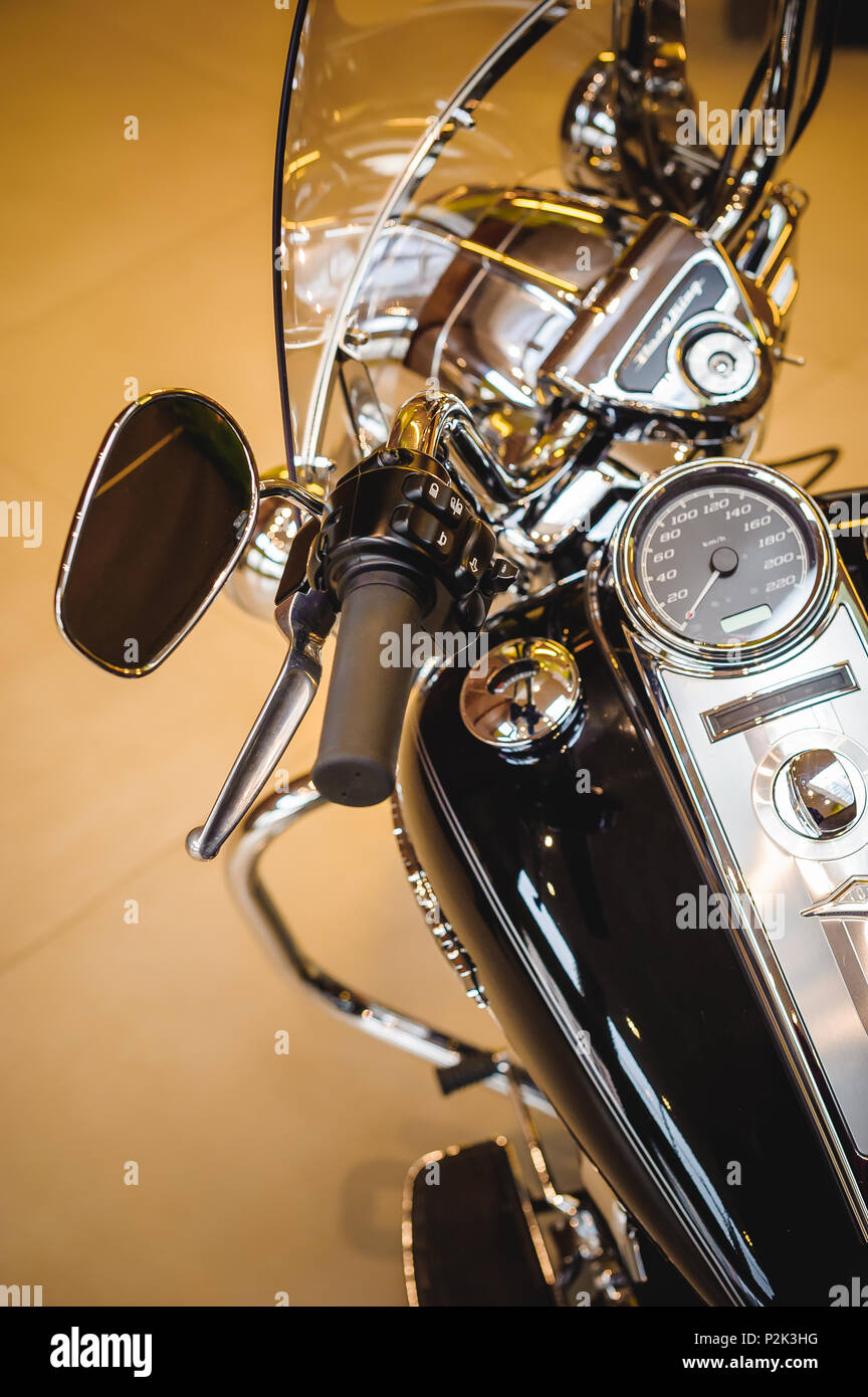 Detail of a classic American motorcycle. Classic bike. Chrome details ...