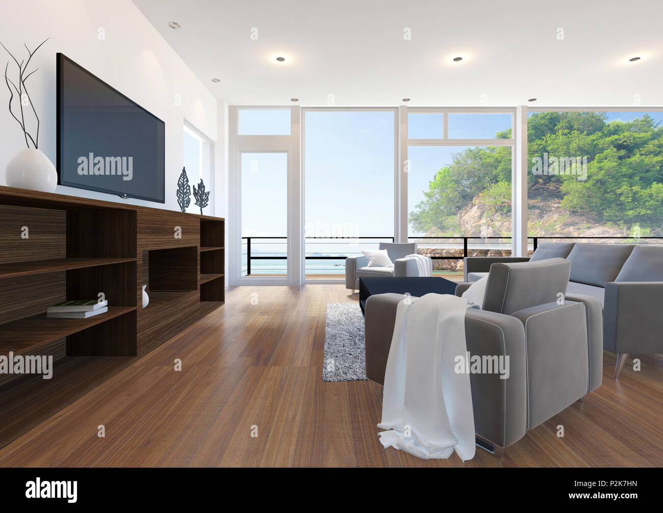 Modern apartment living room interior with sea view, 3D rendering Stock ...