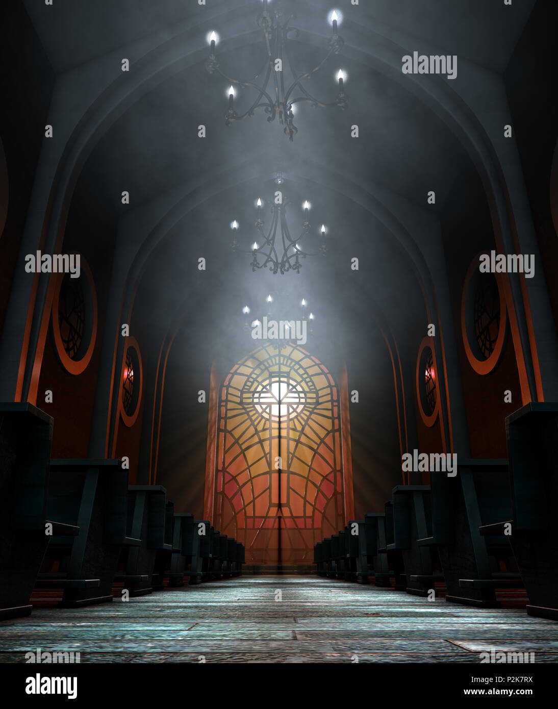 A dark grand church interior lit by suns rays penetrating through a ...