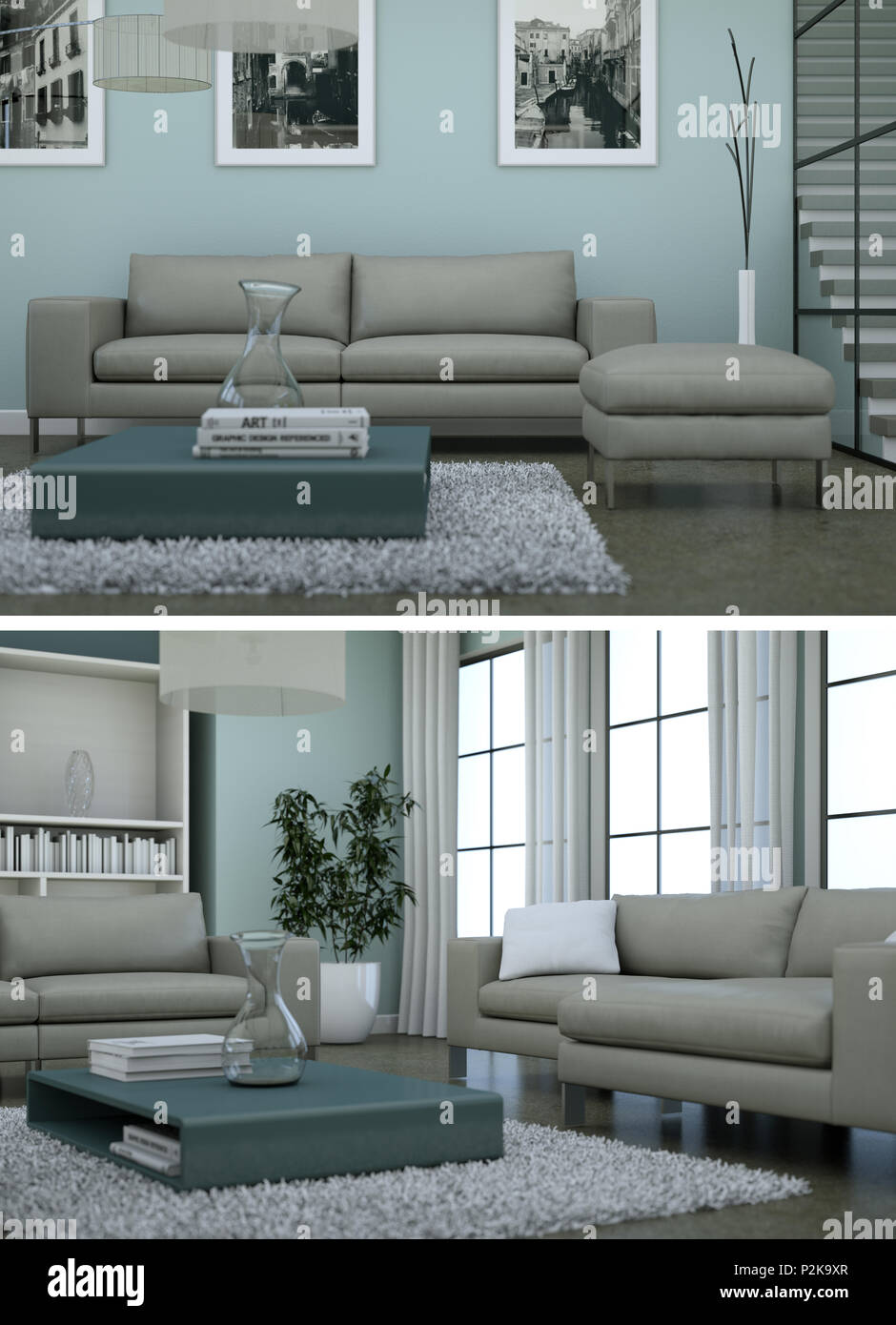 Two views of modern interior loft design with grey sofas 3d Rendering ...