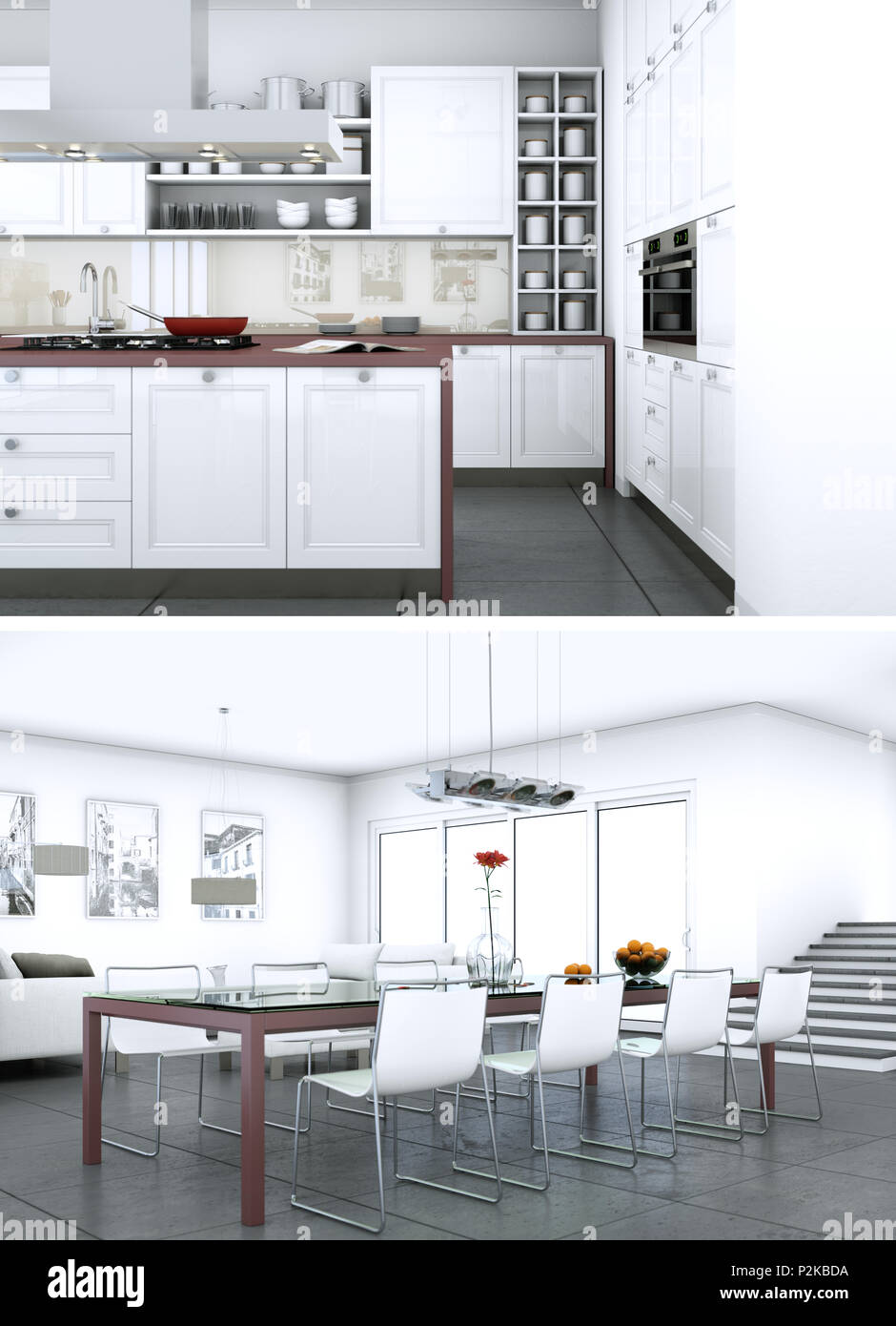 Two views of modern kitchen Interior design 3d Illustration Stock Photo ...