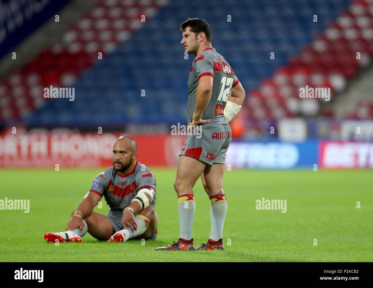 Catalan Dragons Sam Moa and Benjamin Garcia dejected after the Betfred ...