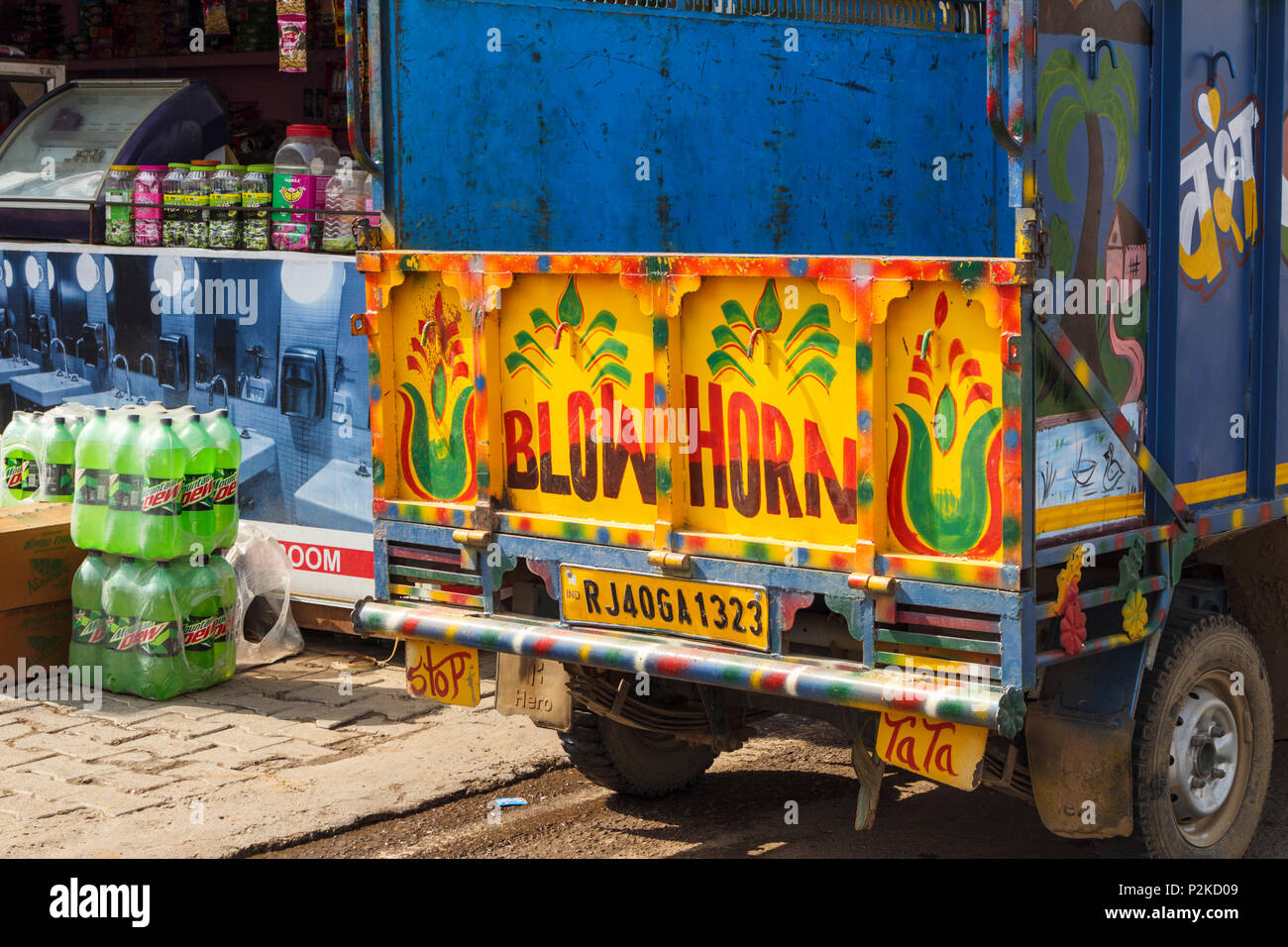 Lorries in India: view of a typical colourful back of an Indian lorry ...