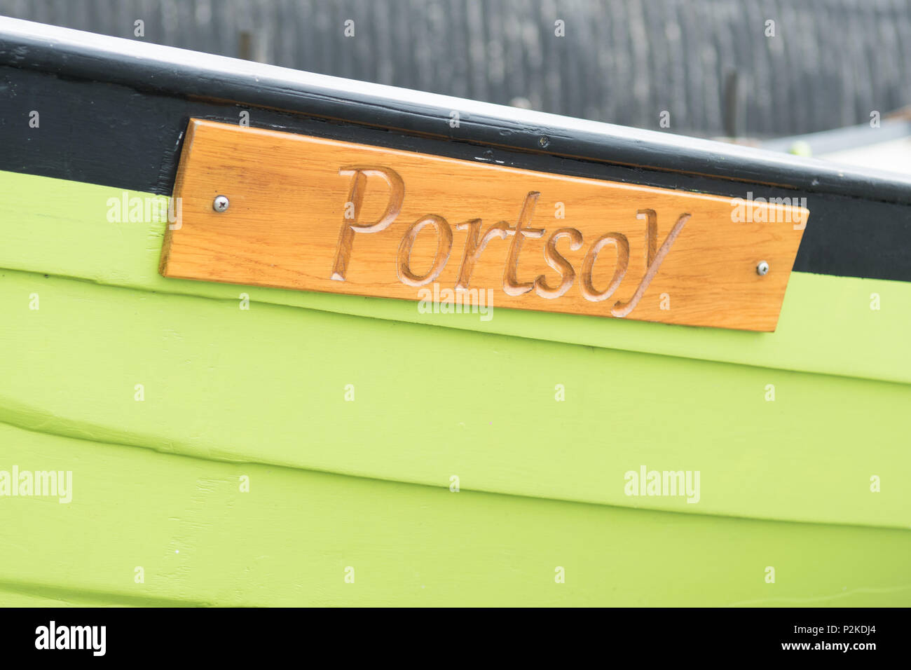 Portsoy - on the side of a bright green boat, Portsoy, Aberdeenshire ...