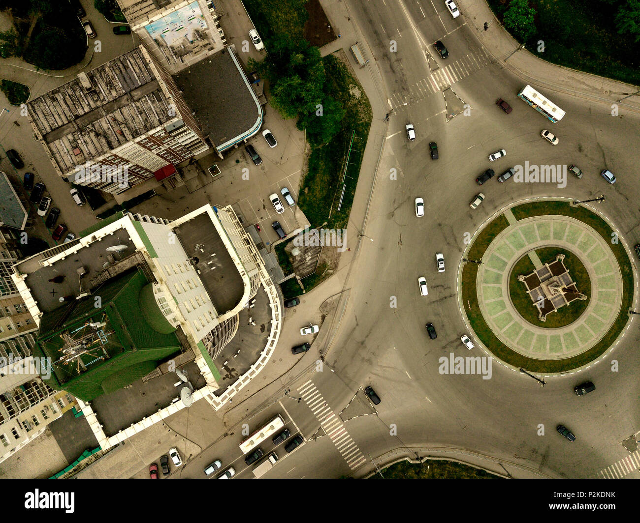 Aerial view of roundabout with monument in the center of the square ...