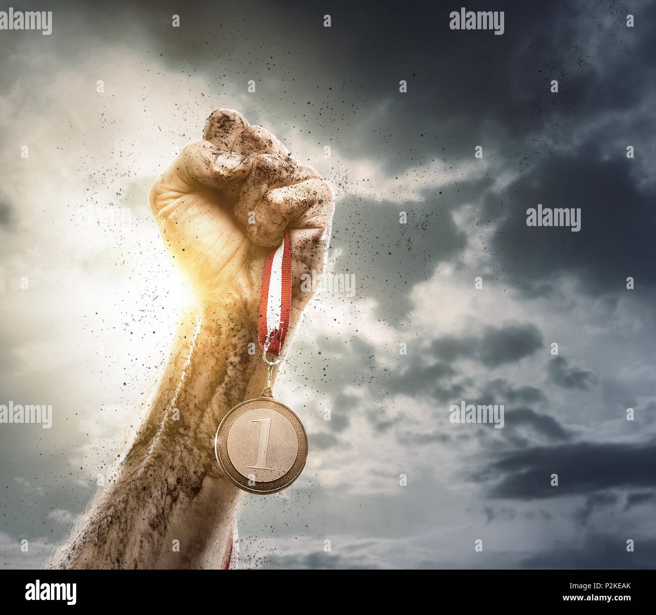 Medal hand gold ribbon hi-res stock photography and images - Alamy