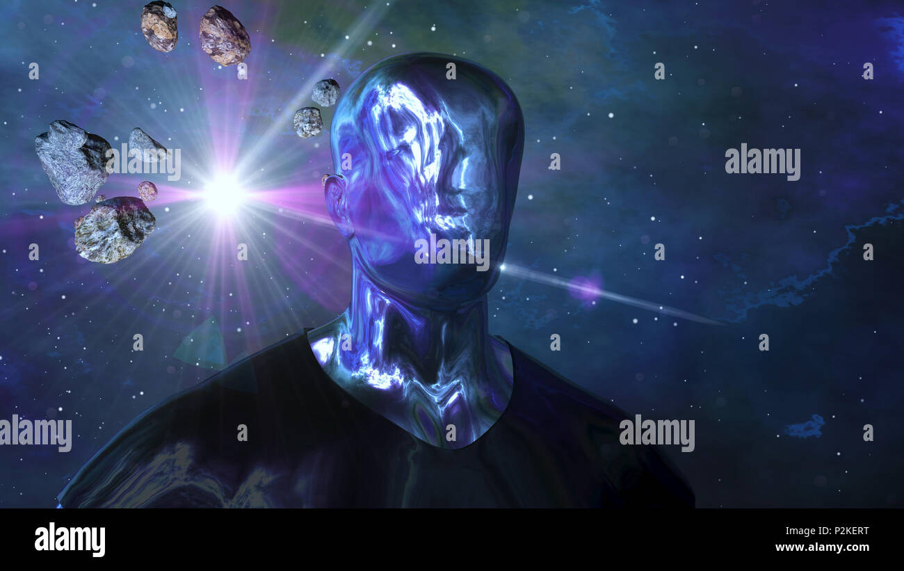 A futuristic 3d illustration of a cyborg man without eyes and a nose ...