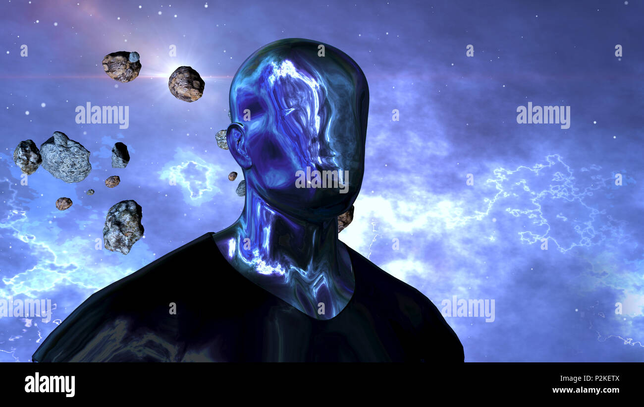 A fantasy 3d illustration of an android man without eyes and a nose but ...