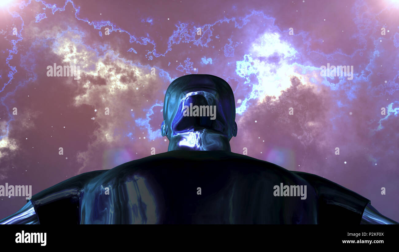 A futuristic 3d illustration of a powerful terminator standing back ...