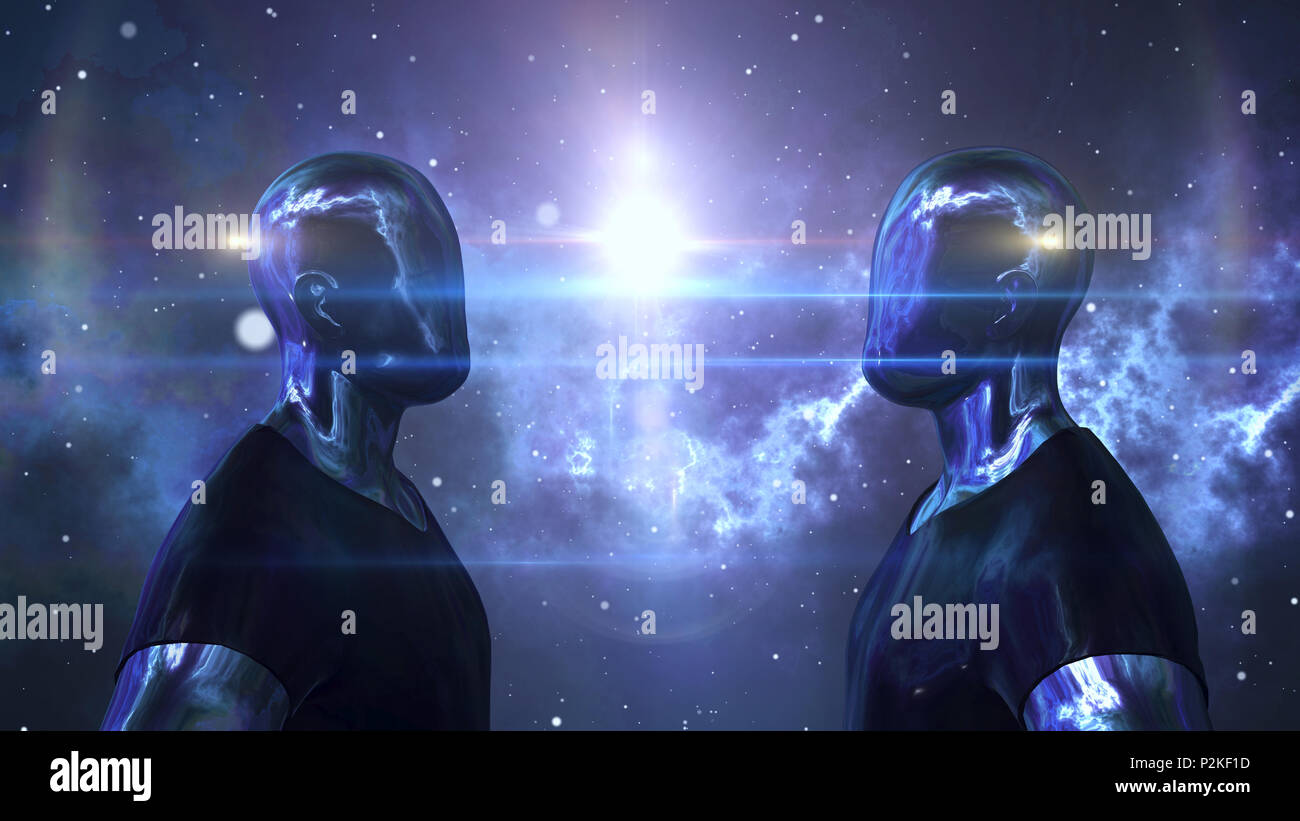 A stunning 3d illustration of two cyborg men without eyes, lips and ...