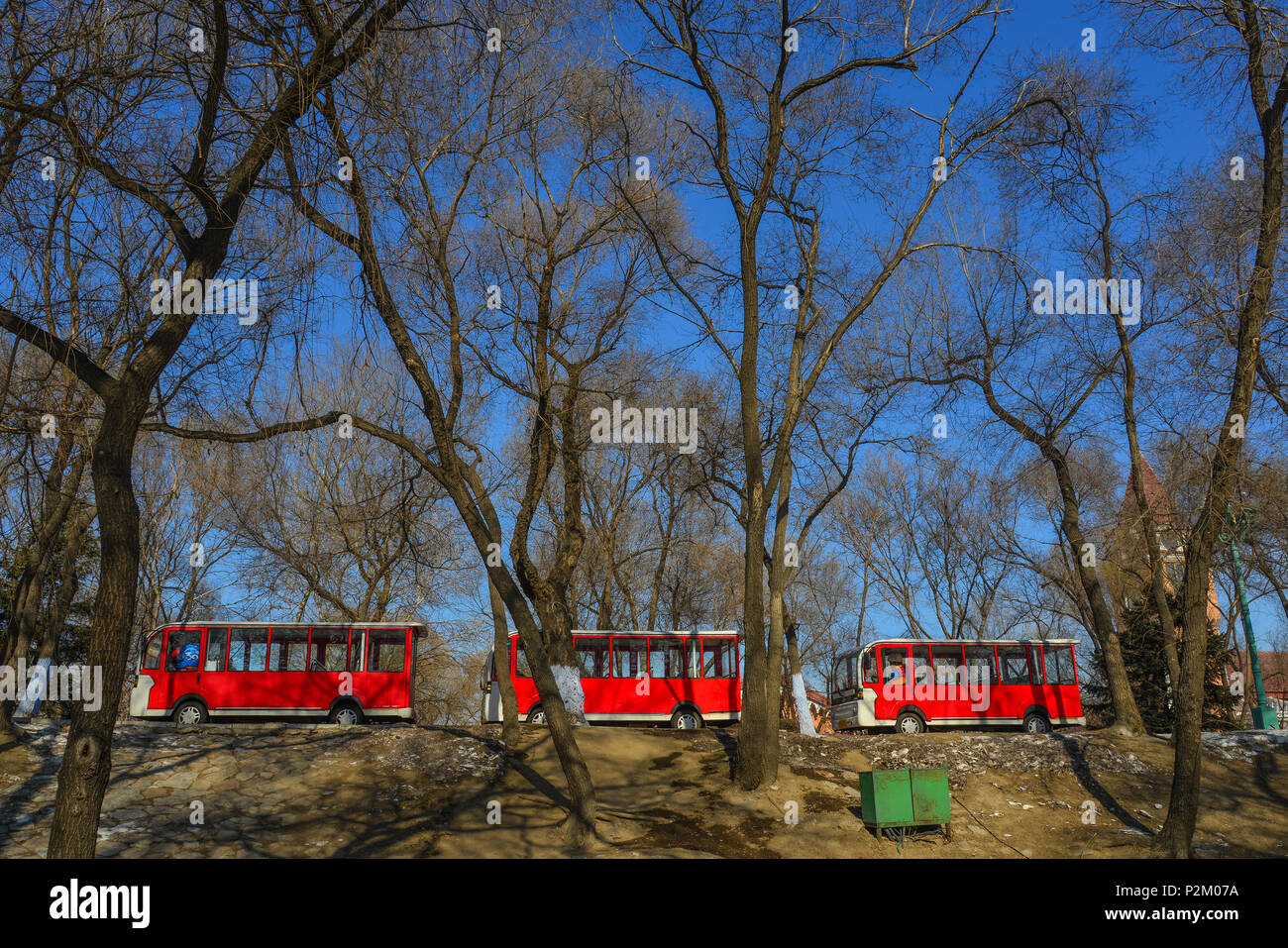 Harbin, China - Feb 22, 2018. Tourist bus waiting at tree park in ...