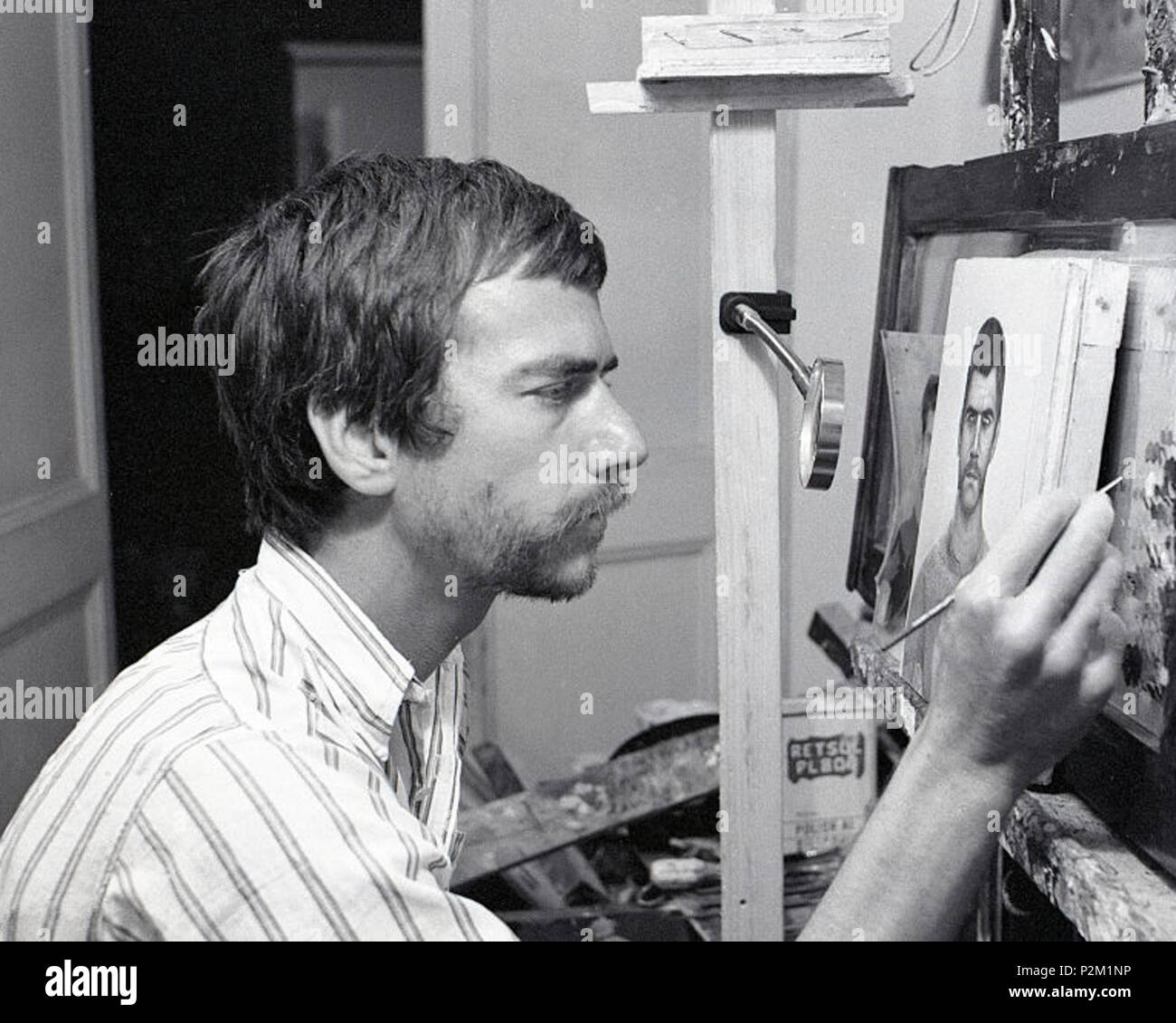 . American magic realist painter Gregory Gillespie in his studio, in ...